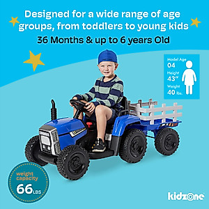 Kidzone 12V 7AH Premium Version with EVA Treaded Tires Dual 35W Motors Boost Power Torque Remote Control Powered Electric Tractor with Trailer Toddler Ride On Toy 3-Gear-Shift, 7-LED Lights, MP3