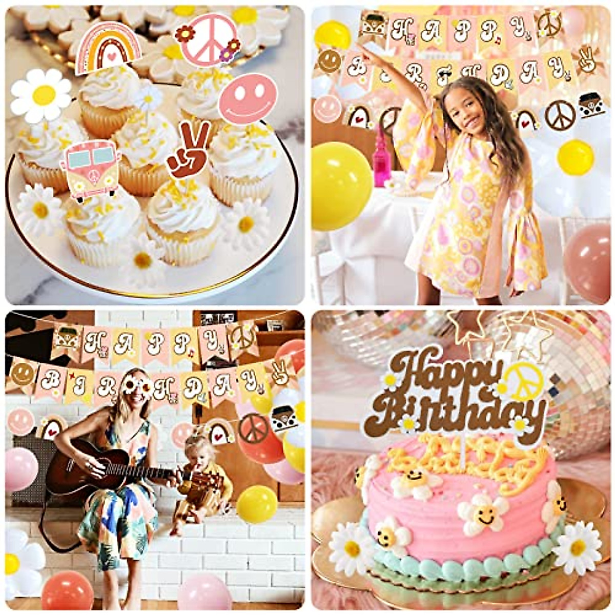 Groovy Retro Hippie Boho Party Decorations 116 Pcs, Daisy Birthday Party Supplies Including Groovy Birthday Banner Artificial Daisy Flowers Cake Toppers Daisy Balloons for Girls Kids Birthday Party