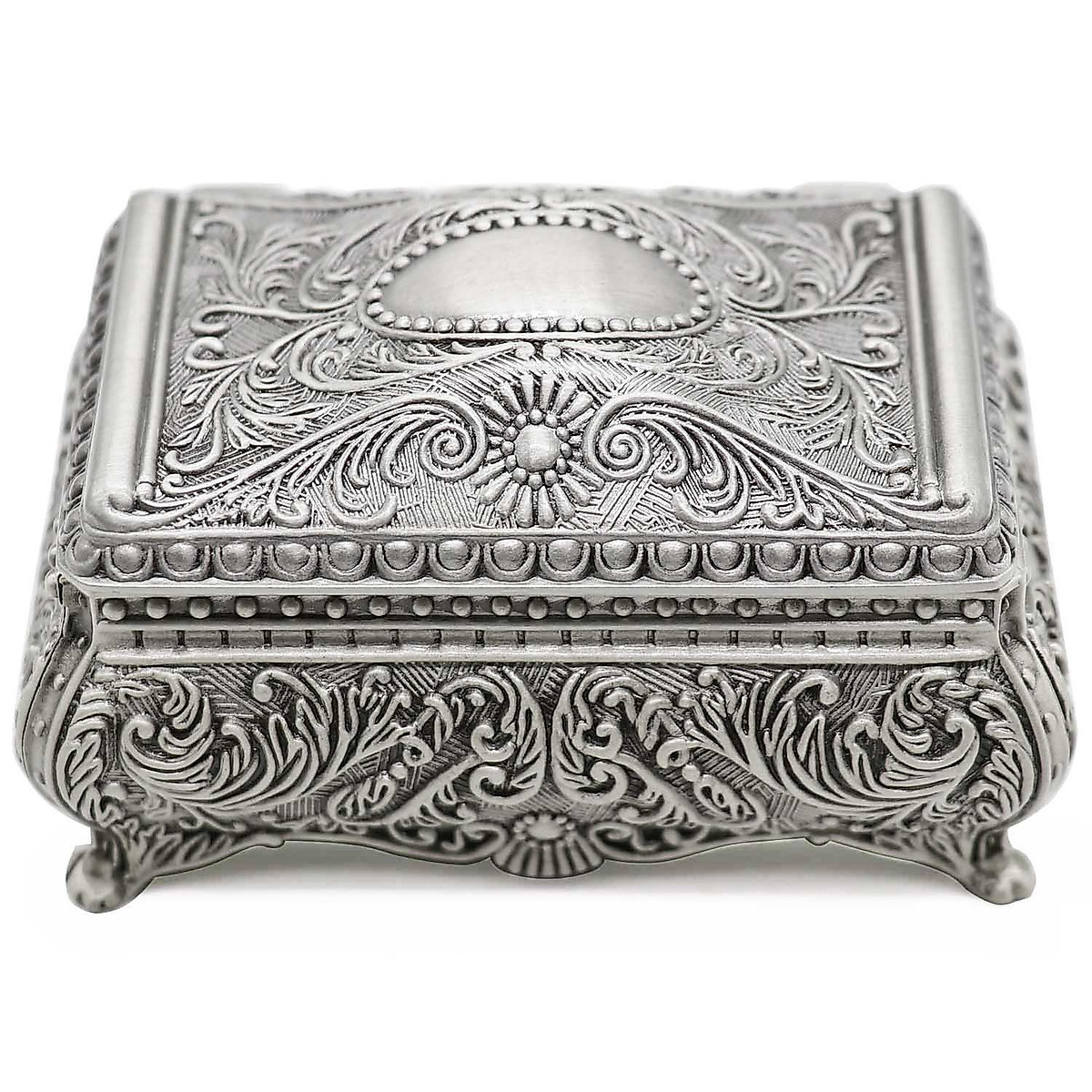 AVESON Rectangle Antique Metal Jewelry Box Trinket Storage Organizer Gift Box Chest Ring Case with Floral Engraved for Girls Ladies Women, Small