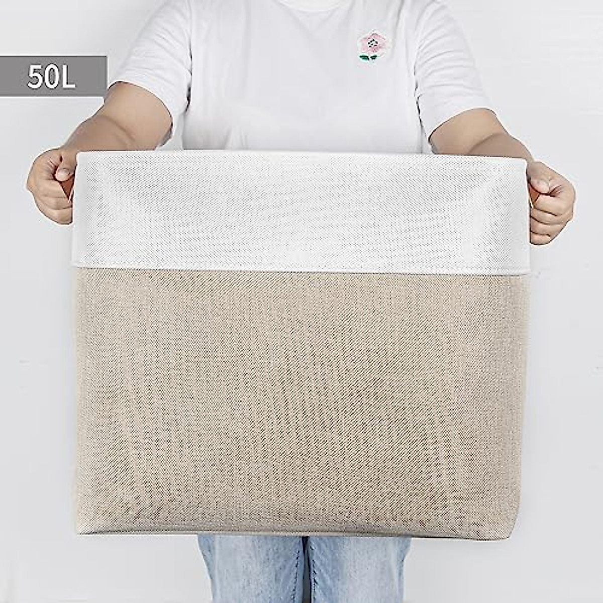 Bagnizer Large Fabric Storage Baskets | 50L Storage Bins, Decorative Linen Closet Baskets with Handles for Organizing, Shelf, Toys, Clothes, Home, Office, Nursery, 17x12x15Inches (Beige&White)