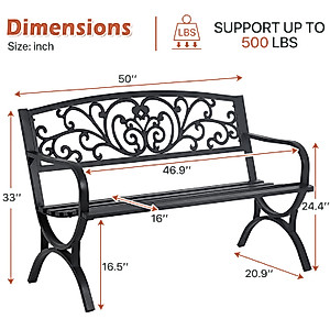 Yewuli Patio Garden Bench Metal Loveseat Chairs Outdoor Park Benches for Outside with Armrests Patio Furniture for Porch, Yard, Lawn, Balcony, Black