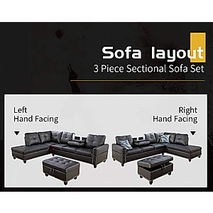 Ainehome Living Room Sectional Set, Leather Sectional Sofa in Home, with Storage Ottoman and Matching Pillows (Right Hand Facing,Black)