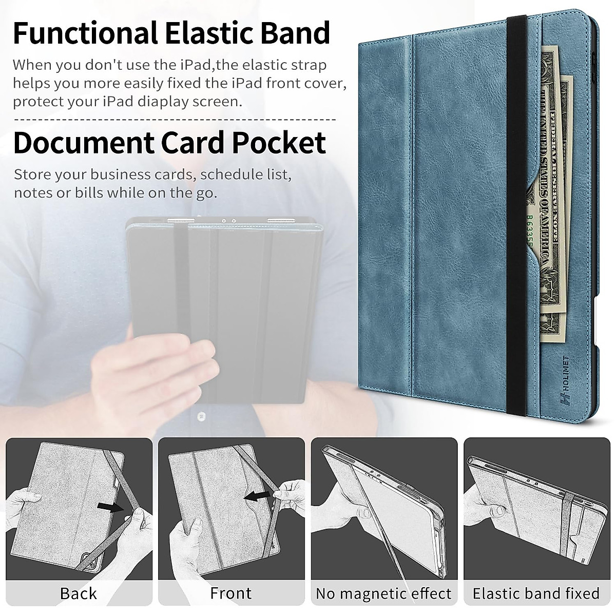 HOLIMET iPad Pro 12.9 Case 6th/5th/4th/3rd Generation Case New 2022 2021 2020 2018 with Pencil Holder Pocket Strap Folio Stand Cover Soft TPU Back Shockproof, Auto Sleep/Wake,Vegan Leather