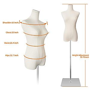 SHAREWIN Female Mannequin Torso Women Dress Forms for Sewing Manicanequin Body High Stability Gold Metal Stand for Clothing Dress Jewelry Display Adjustable Height 50”-70” Thin Body