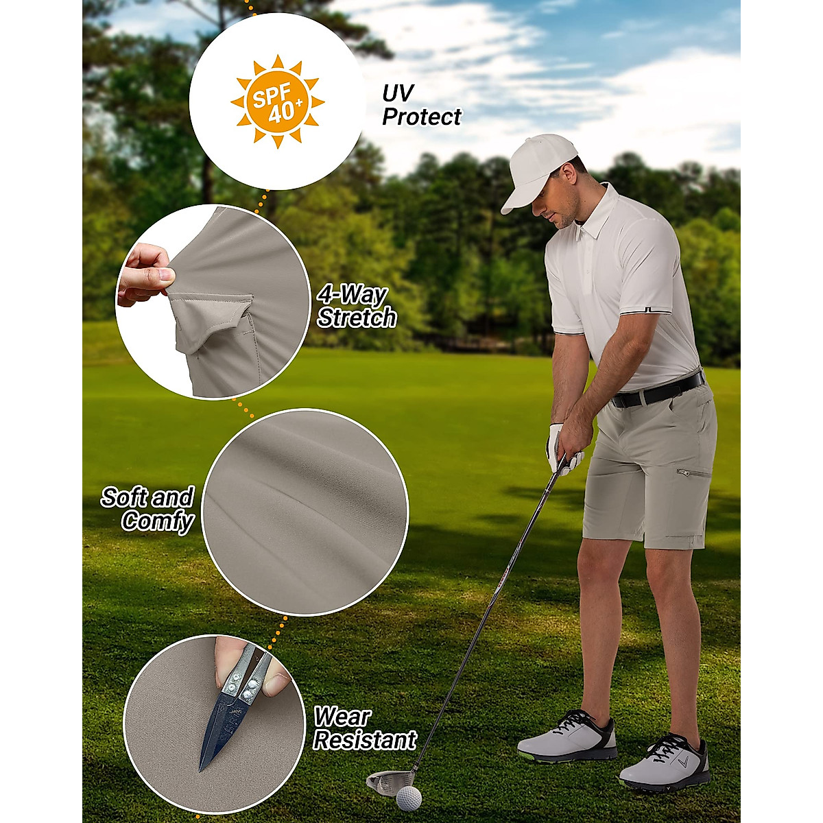 33,000ft Men's Golf Shorts 10" Inseam with Zipper Pocket Lightweight Quick Dry Stretch Hiking Cargo Shorts for Travel Fishing Fossil