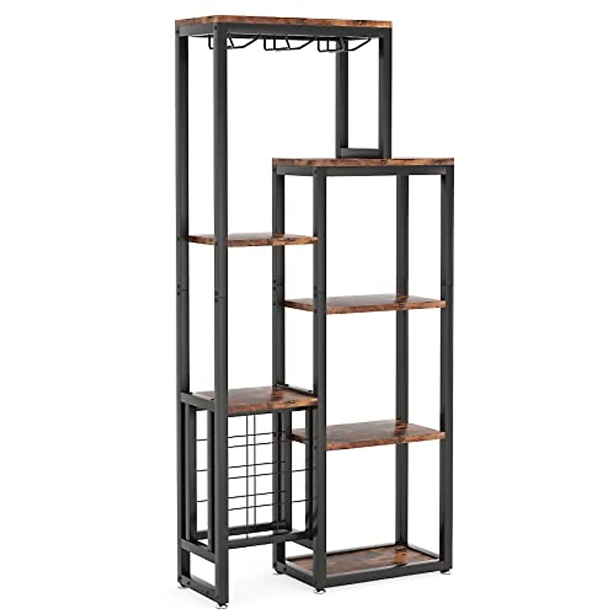 LITTLE TREE Wine Rack Freestanding Floor, 5-Tier Wine Baker Rack Wine Display Shelf with Glass Holder & Wine Storage for Bar, Kitchen, Dining Room, Rustic Brown