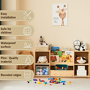 F3C | Montessori Bookshelf and Toy Storage | 3-Section Kids Bookshelf for Organizing Books | 2-Shelf Toy Organizers and Storage Cabinet | Natural Wood Bookcase with Storage | Kids Organizer