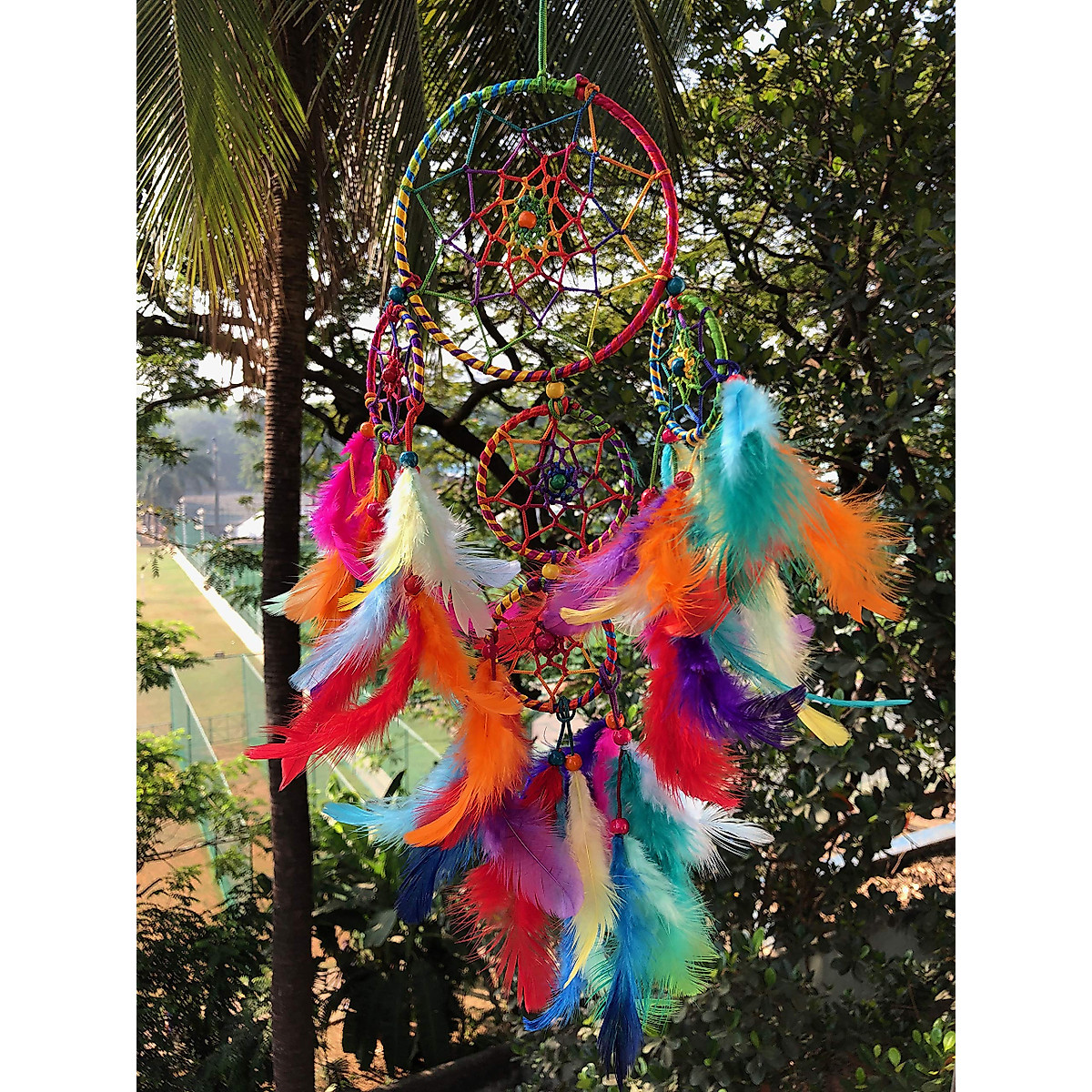 Rooh Dream Catcher ~ Multi Colour 4 Tier with Pretty Lights ~ Handmade Mandala Hangings for Positivity (Can be Used as Home Décor Accents, Wall Hangings, Garden, Car, Outdoor, Yoga Temple, Windchime)