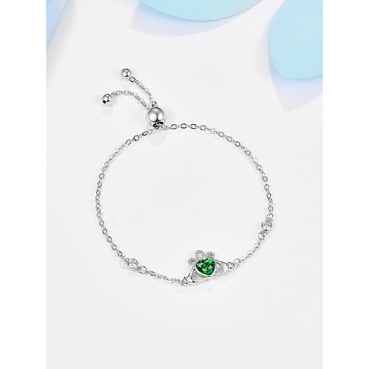 Dreamboat Claddagh Bracelet Irish Jewelry for Women Heart Bracelets Emerald Green Bracelets May Birthstone Bracelet Sterling Silver Adjustable Bracelets Birthday Gifts for Mom