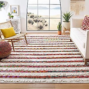 SAFAVIEH Natura Collection Accent Rug - 4' x 6', Ivory & Red, Handmade Boho Fringe Cotton, Ideal for High Traffic Areas in Entryway, Living Room, Bedroom (NAT654A)