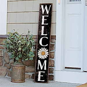 My Word! Welcome Black W/Daisy Porch Board Welcome Sign and Porch Leaner for Front Door Porch Deck Patio or Wall - Indoor Outdoor Spring Farmhouse Rustic Vertical Porch and Yard Decor - 8"x46.5"