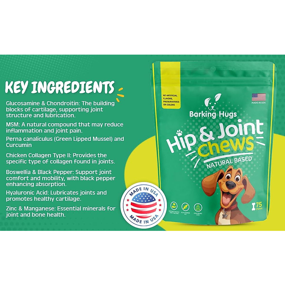 BARKING HUGS Hip and Joint Supplement for Dogs - 500 mg Glucosamine for Dogs per Soft chew - Nature-Based for Maximum Dog Joint Pain Relief - 11 Active Ingredients Support Dog Hip & Joint Care.