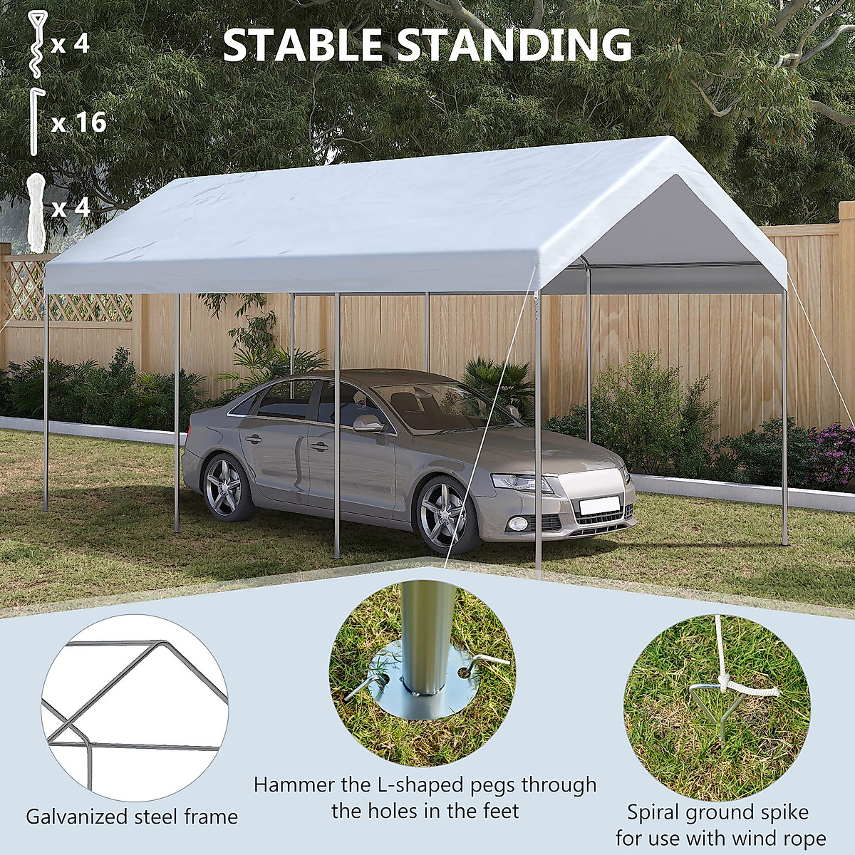 Outsunny 10' x 20' Party Tent and Carport, Height Adjustable Portable Garage, Outdoor Canopy Tent 8 Legs Without Sidewalls for Car, Truck, Boat, Motorcycle, Bike, Garden Tools, White