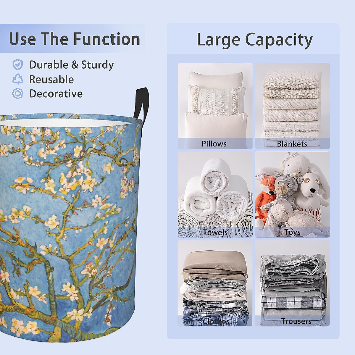 Laundry Basket, Large Waterproof Laundry Hamper with Handle Round Oxford Cloth Foldable Storage Box for Clothes Storage, Room Decoration, Toy Storage, Gift Basket(Van Gogh Almond Tree Blossom)