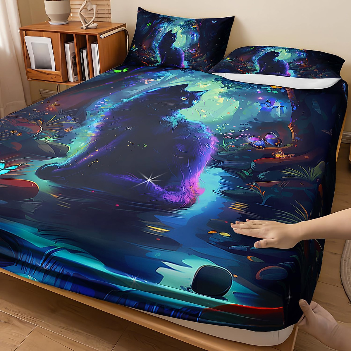 AILONEN Black Cat Fitted Sheet Set, Twin Size, Cartoon Cat Bedding Set for Kids Boys Girls,Boho Style Butterfly Bed Sheet Set,Mysterious Forest Sheet Set,3 Pieces, 1 Fitted Sheet and 2 Pillowcases