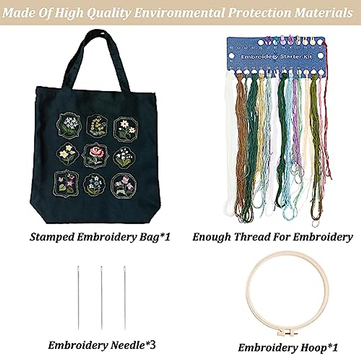 WADORN DIY Canvas Tote Bag Embroidery Kit, Flower Pattern Canvas Bag Materials Making Set DIY Embroidery Bag Cross Stitch Kits Personalized Canvas Bag Kits Include Hoops Needles for Adults, Black 1