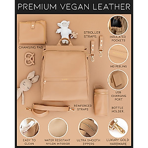 MIA + SOPHIA Leather Diaper Bag Backpack with USB Charging Port, Changing Pad, Stroller Straps, Bottle Holder (Brown Sophia)