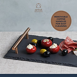 Artesa ARTPLATTERCOP KitchenCraft Slate Serving Tray/Platter with Copper Finish Handles, 60 x 15 cm