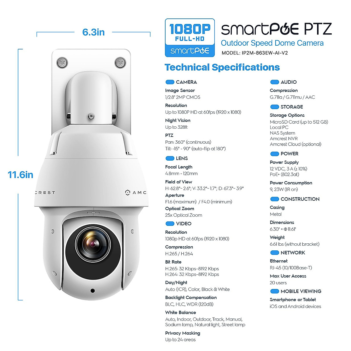 Amcrest 2MP Outdoor PTZ POE + IP Camera Pan Tilt Zoom (Optical 25x Motorized) POE+ Camera Security Speed Dome, CMOS Image Sensor, 328ft Night Vision, POE+ (802.3at) F1.6, IP66, IP2M-863EW-AI-V2