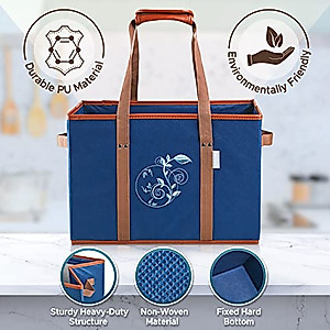 Liviable Reusable Grocery Shopping Bags, Foldable, Heavy Duty Tote, Box Bags with Long Handles and Solid Bottom, Large - Set of 3, Navy Blue