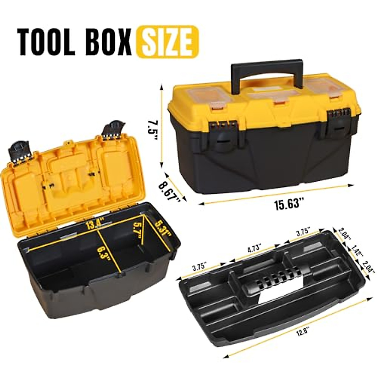 Torin 15.5" Plastic Storage Tool Box with Removable Tray,Small Toolbox Organizer With Screw Box, Black/Yellow ATRJH-3015T
