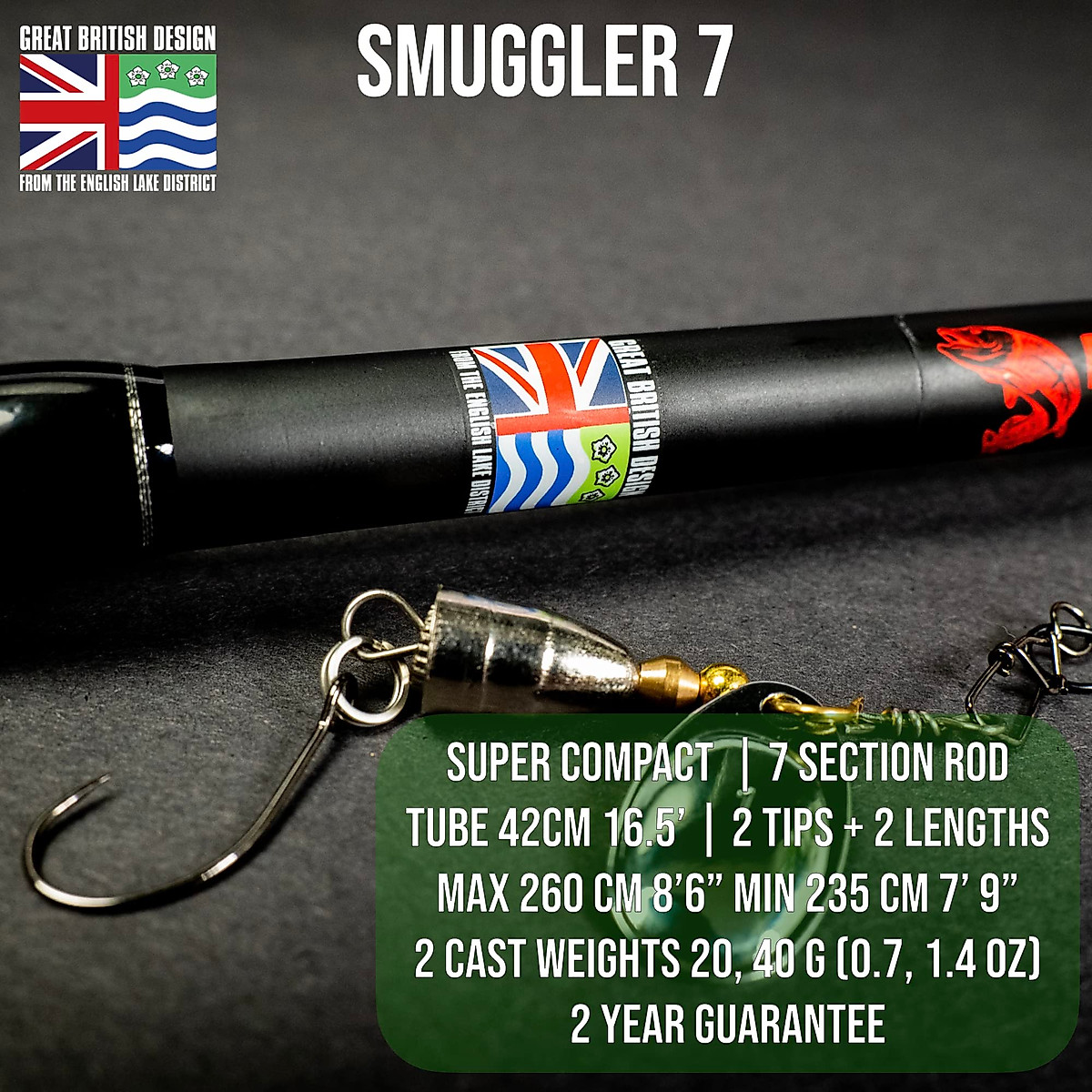 Rigged and Ready Smuggler 7 Travel Fishing Rod & Case. Compact Yet Powerful 8.5’ (235cm) Rod, with 2 Tips, for Spin and General Fishing. The Most Powerful Smuggler Rod for Fish up to 20lbs (10kg)