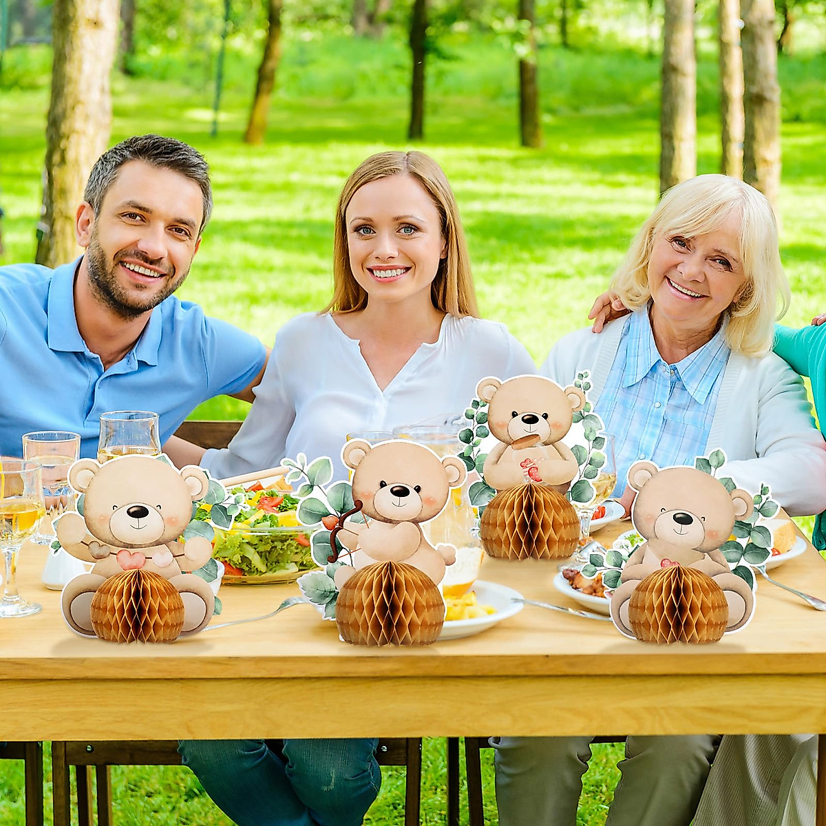 Hiboom 8 Pcs Bear Baby Shower Honeycomb Centerpieces Bear Baby Shower Party Supplies Bear Baby Shower Decorations Party Centerpieces Paper Fan Table Topper Honeycomb for Birthday Wedding Party