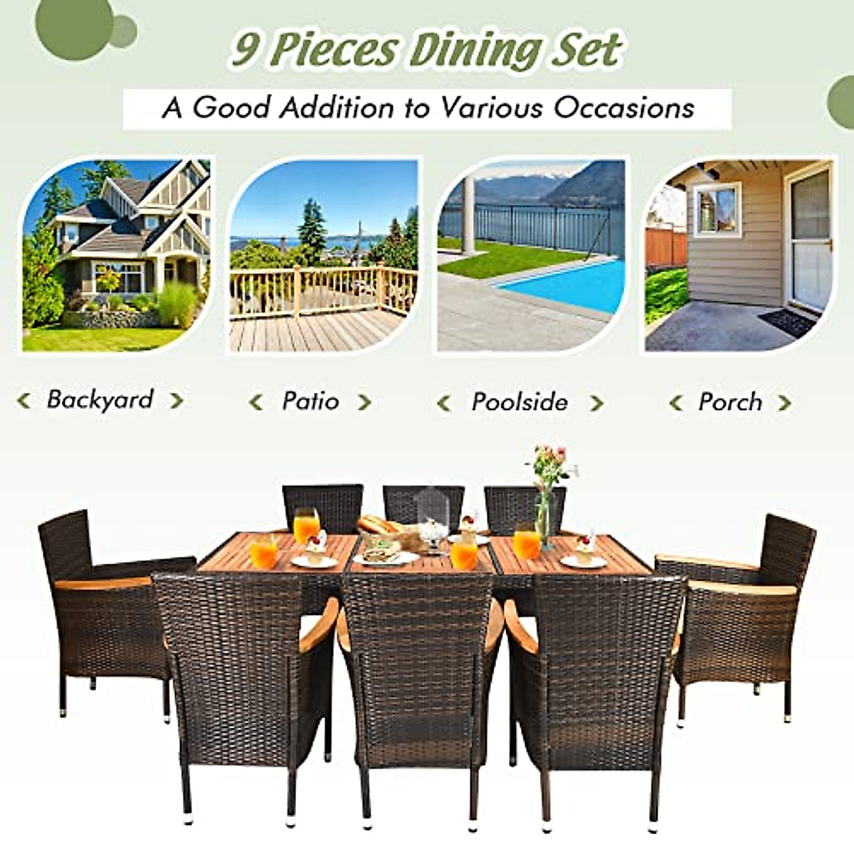 GLACER 9 Pieces Outdoor Patio Dining Set, 75" Large Acacia Wood Wicker Dining Table & Stackable Cushioned Chair Set, Rattan Dining Furniture Set for Backyard, Garden, Poolside, Patio Dining Set for 8