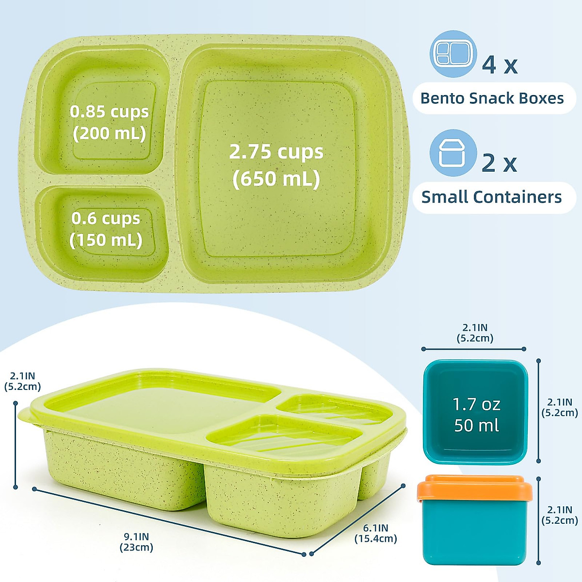 Caperci Bento Lunch Box Containers for Adults & Kids - 3-Compartment Reusable Meal Prep Containers with 2Pc Sauce Containers for School, Work, Travel, Wheat Straw, Set of 4 (Jewel Brights)