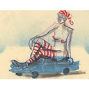 Nude Santa elf seated on a blue station wagon