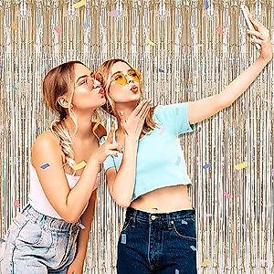 6 Pack Champagne Gold Foil Fringe Curtain Backdrop, 3.28Ft x 8.2Ft Metallic Tinsel Foil Fringe Streamer Curtains for Photo Booth, Halloween, Christmas, Birthday, Wedding Party Decorations