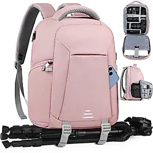 Lubardy Camera Bag Professional DSLR SLR Mirrorless Camera Backpack 14 Inch Waterproof Laptop Backpack Anti-Theft Camera Case with Rain Cover Large Capacity Photography Backpack for Men Women, Pink