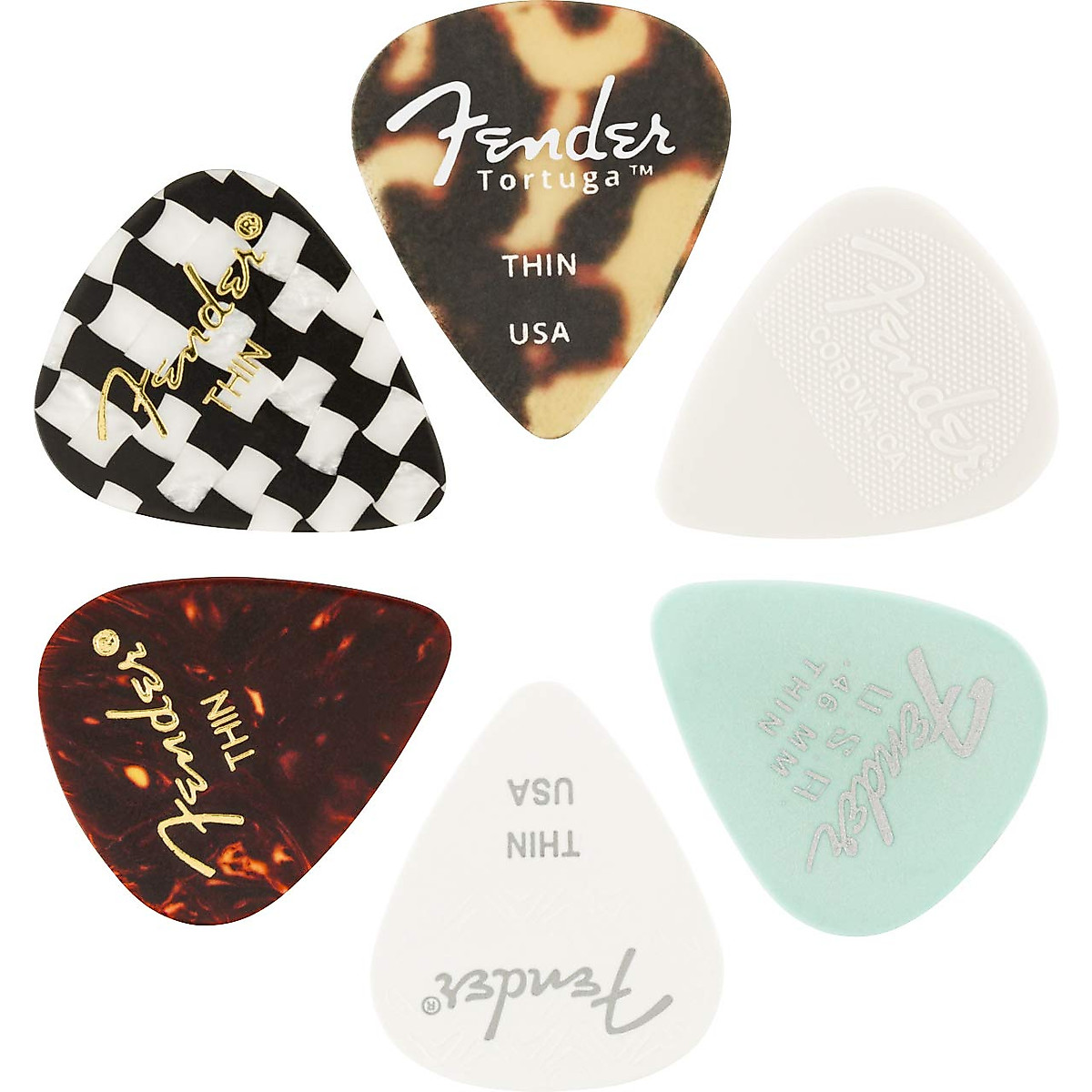 Fender Material Medley Guitar Picks 351 Shape, Multi-Color, Thin, 6-Pack
