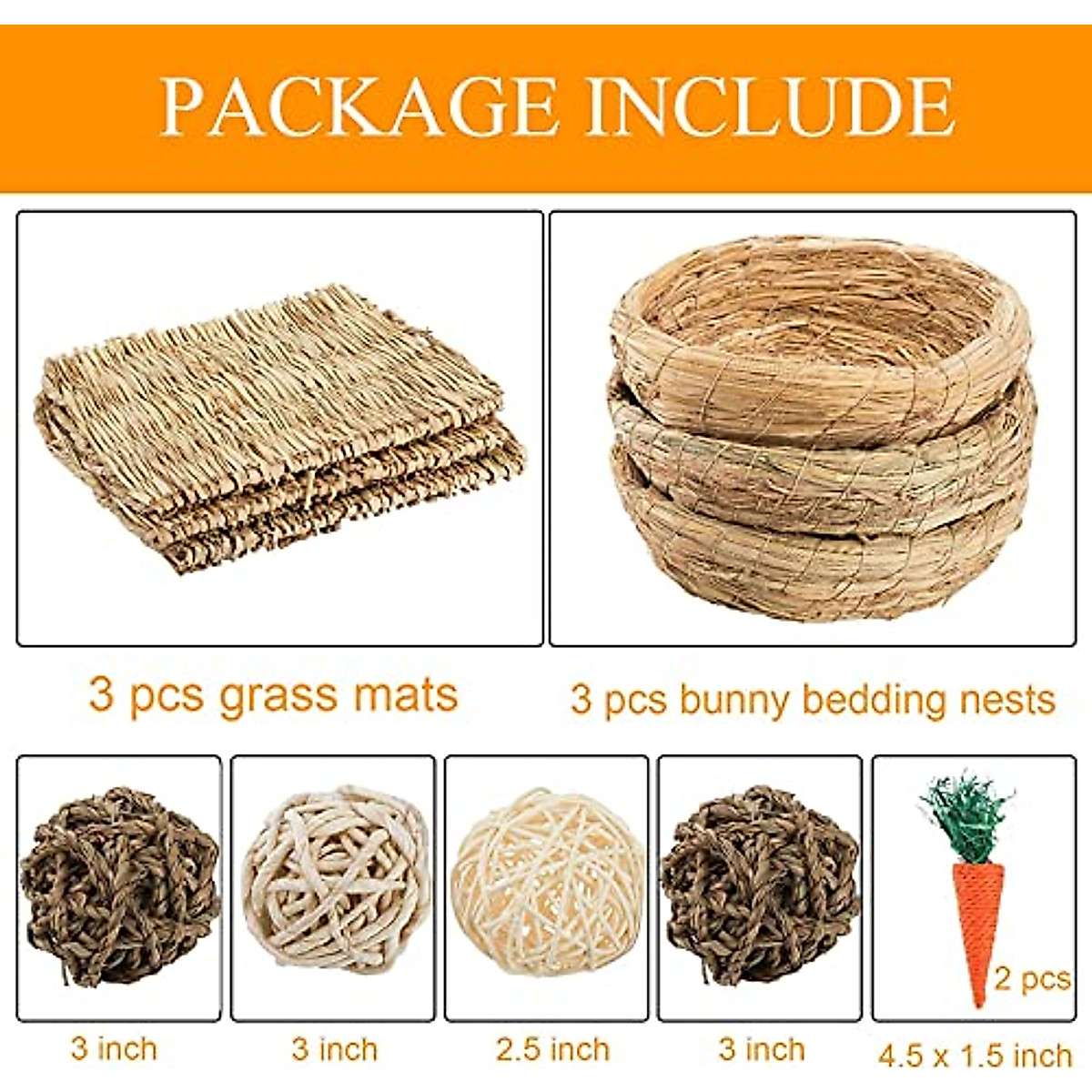 Yesland Woven Bed Mat for Rabbits - Set of 12 - Grass Mat Bunny Bedding Nest with Small Animals Play Balls Rolling Chew Toys for Guinea Pig Chinchilla Squirrel Hamster Cat Dog and Small Animal