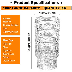 KEMORELA Elegant Highball Glassware Set - 16oz XL Glasses - Mixed Drinks, Iced Coffee, Beer, Juice, Water - Hobnail, Beaded Designs - Set of 4 | Stylish Collection for Any Occasion