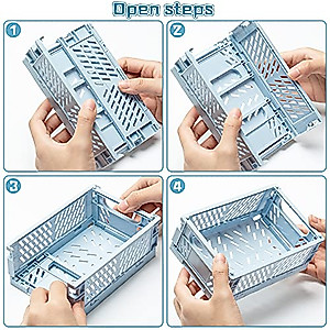 D1resion 4Pcs Mini Stackable Crates Decor Danish Pastel Aesthetic Stacking Folding Plastic Storage Crate Foldable Bin Baskets Tray with Handles for Shelf Grocery Kitchen Bedroom Desktop Organizer Box