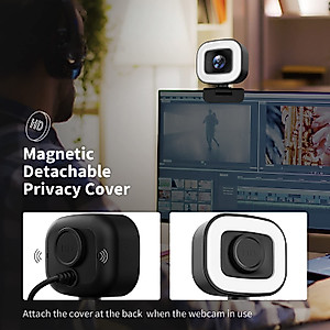 60FPS Webcam with Ring Light, Auto-Focus 1080P Web Camera with Dual Microphone and Privacy Cover，Streaming Webcam for YouTube, Skype, Zoom, Twitch, OBS, Xsplit and Video Calling