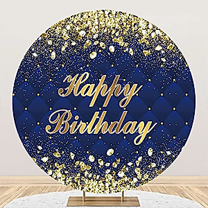 Canessioa 7.2x7.2ft Royal Blue Birthday Round Backdrop Cover Diamonds Chips Golden Glittering Round Backdrop Polyester Kids Adult Birthday Party Photo Shoot Backdrop Cake Table Decoration Banner