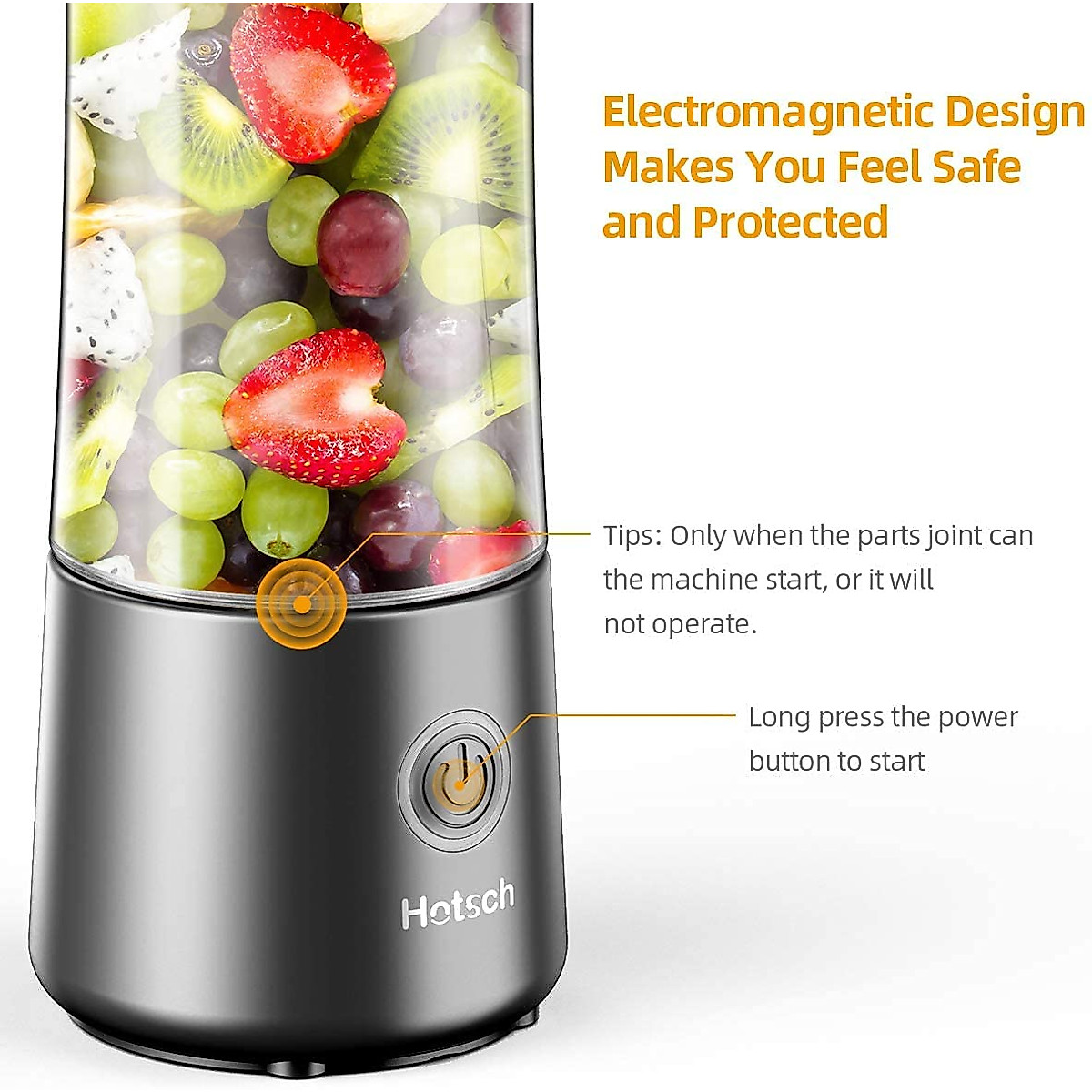 Portable Blender USB Rechargeable, Hotsch Personal Size Blender for Shakes and Smoothies, Strong Cutting Power with Six Blades, 13.5Oz Juicer Cup for Sports, Travel