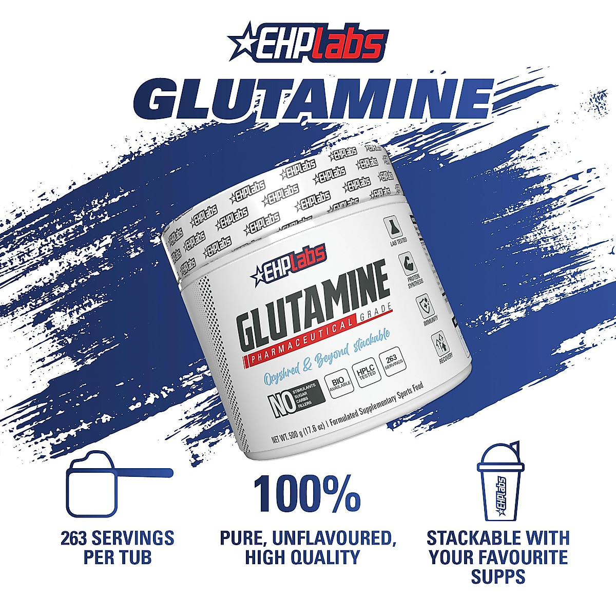 EHP Labs L Glutamine Powder Amino Acids - L-Glutamine, Workout Recovery, Immune Health & Gut Health Support (500g) - 100 Servings