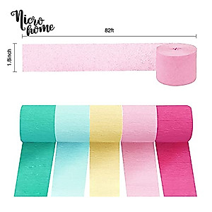 NICROHOME Unicorn Party Decorations, 5 Rolls Light Blue Green Pink Rose Red Crepe Paper Streamers for Wedding, Baby Bridal Shower, Bachelorette Party, Birthday, 82Ft Long