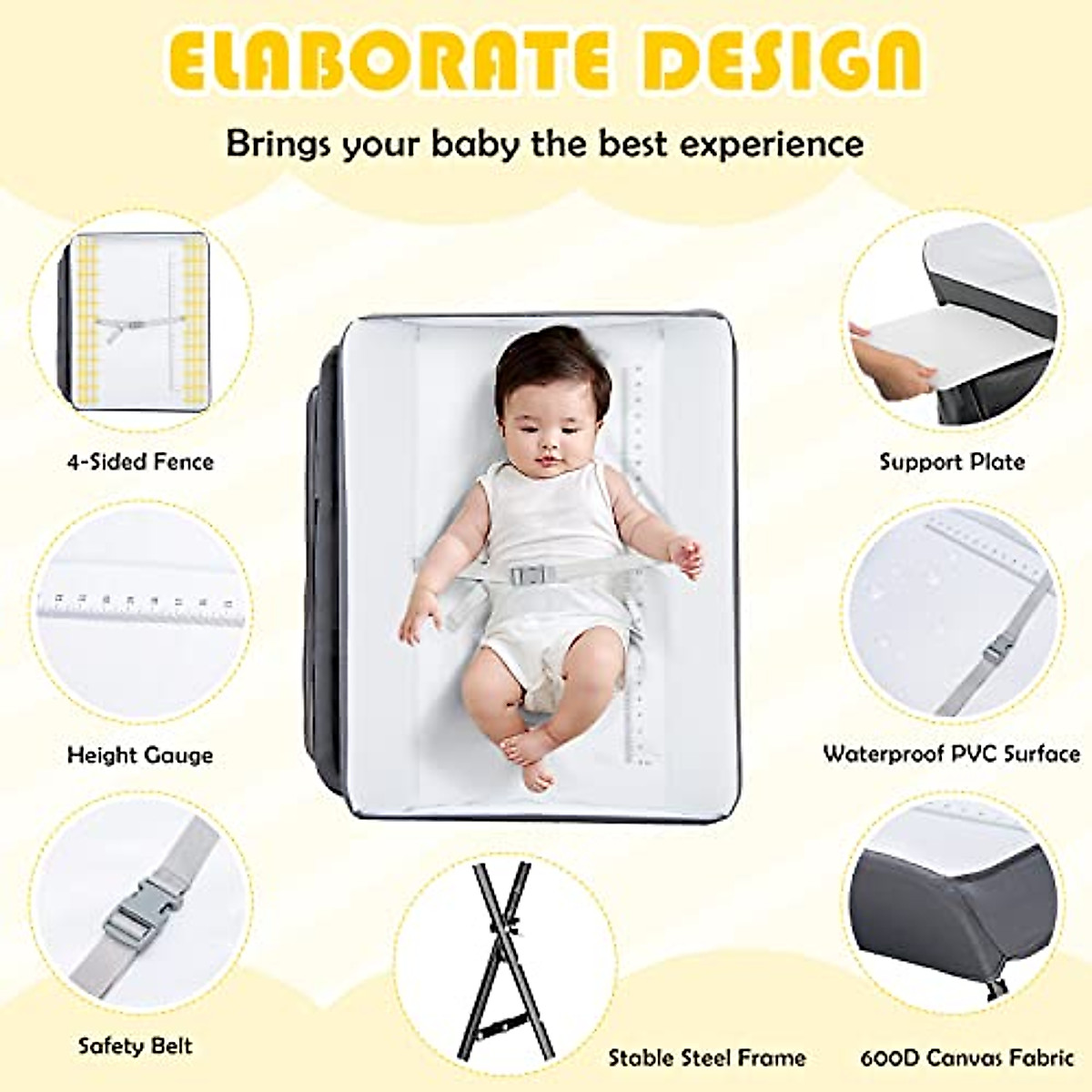 Costzon Portable Baby Changing Table, Height Adjustable Mobile Nursery Station with Waterproof Surface, Safety Belt, Lockable Wheels, Large Storage, Folding Diaper Station for Newborn Infant (Grey)