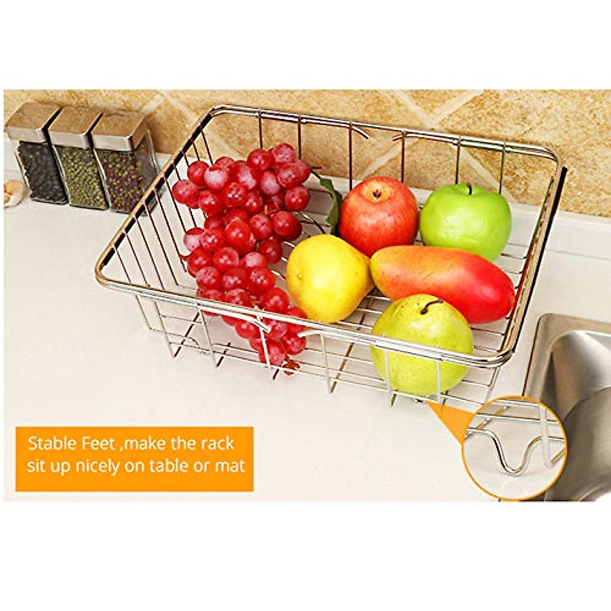Jkhome Expandable Dish Drying Rack Adjustable Over Sink Dish Drainer Drain Stainless Steel Kitchen Fruit Vegetable Wash Storage Holder (Stainless Steel, Curved Bottom Type 17.32"x9.84"x4.33")