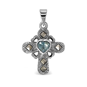 WithLoveSilver Sterling Silver 925 Celtic Cross with 5mm Heart CZ and Square Marcasites Pendant (Aqua Glass)