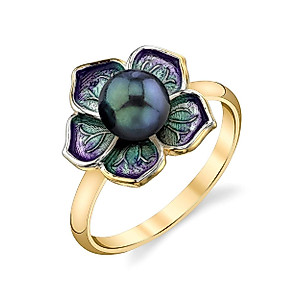 The Pearl Source 6-6.5mm Genuine Black Japanese Akoya Saltwater Cultured Pearl & Enamel Maggie Ring for Women