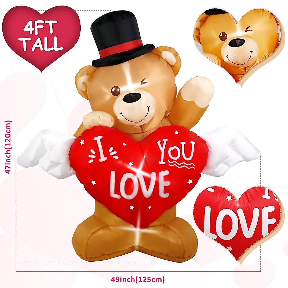 AerWo 4 FT Valentines Day Inflatable Bear with Love Heart, Lighted Valentines Inflatables Teddy Bear Blow Up Yard Outdoor Garden Home Party Wedding Decor, Romantic Sweet Valentines Gift