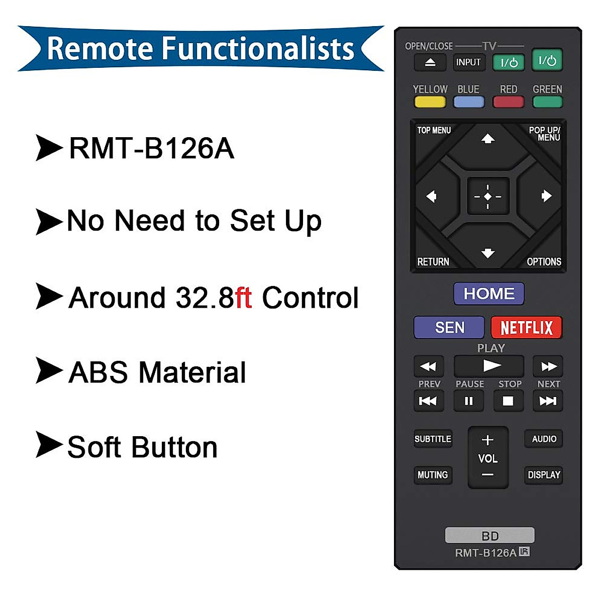New RMT-B126A Remote Control Replacement for Sony Blu-Ray Disc DVD Player BDPBX120 BDPBX320 BDPBX520 BDPBX620 BDPS1200 BDPS2100 BDPS2200 BDPS3200 BDPS5200D BDPS6200, sub RMT-VB200U RMT-VB100U