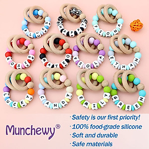 Munchewy Personalized Teether with Name, Customizable Silicone Sensory Chew Bracelet Rattle Ring with Natural Organic Beech Wood Teething Rings for Baby Girls Teether Toys(LightPink/Lilac)
