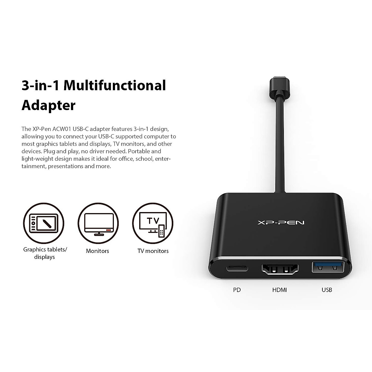 XPPen USB-C Hub 3 in 1 Type C to USB/HDMI/PD for Artist 12, Artist 12 Pro, Artist 13.3, Artist 13.3 Pro, Artist 15.6 and Artist 15.6 Pro