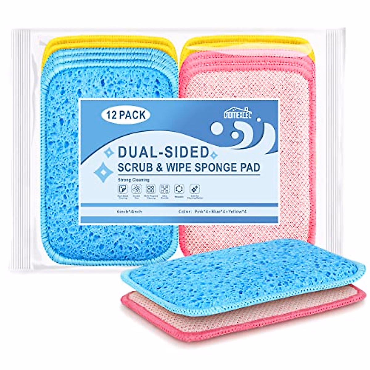 12 Pack Scrub & Wipe Cloths, Dual-Sided Sponges for Kitchen, All-Purpose Cloth for Dishes, Pots, Pans, Non-Stick Cookware, Countertops (Red, Yellow, Blue)